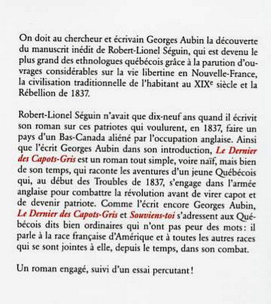 ROBERT-LIONEL SEGUIN - Le Dernier des Capots-Gris - Romans québécois et ...